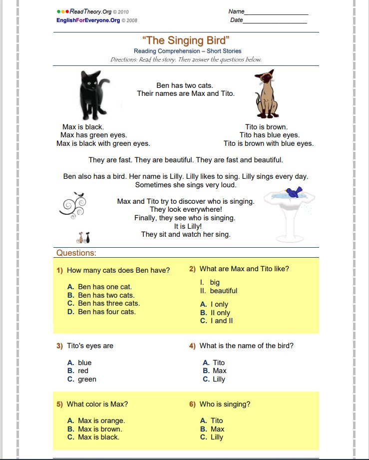 READING MATERIAL and ACTIVITIES 📒📝 The singing bird, Time to, Seeing ...