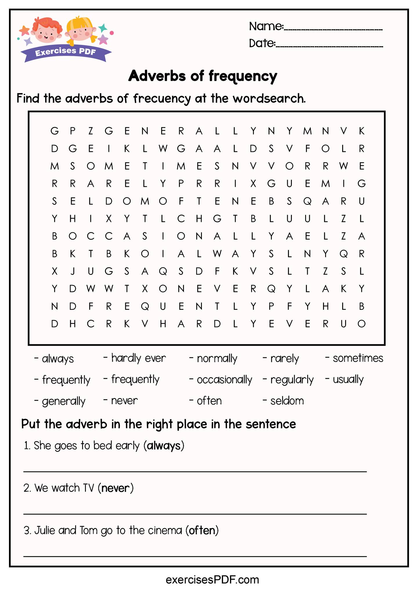 Worksheets PDF - Find the adverbs of Frecuency at the...