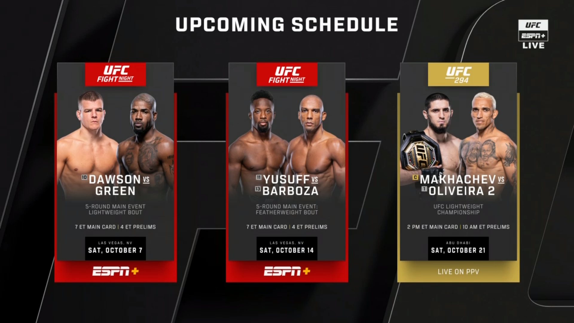 Mma Upcoming Ufc Schedule 🗓 Ufc Fight Night Dawson Vs Green