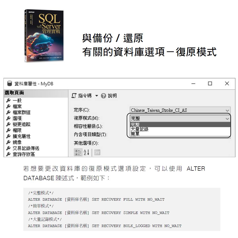 碁峰資訊 【sql Server 資料庫的「復原模式」】 針對交易記錄的保存設定三種模式： 完整 2802