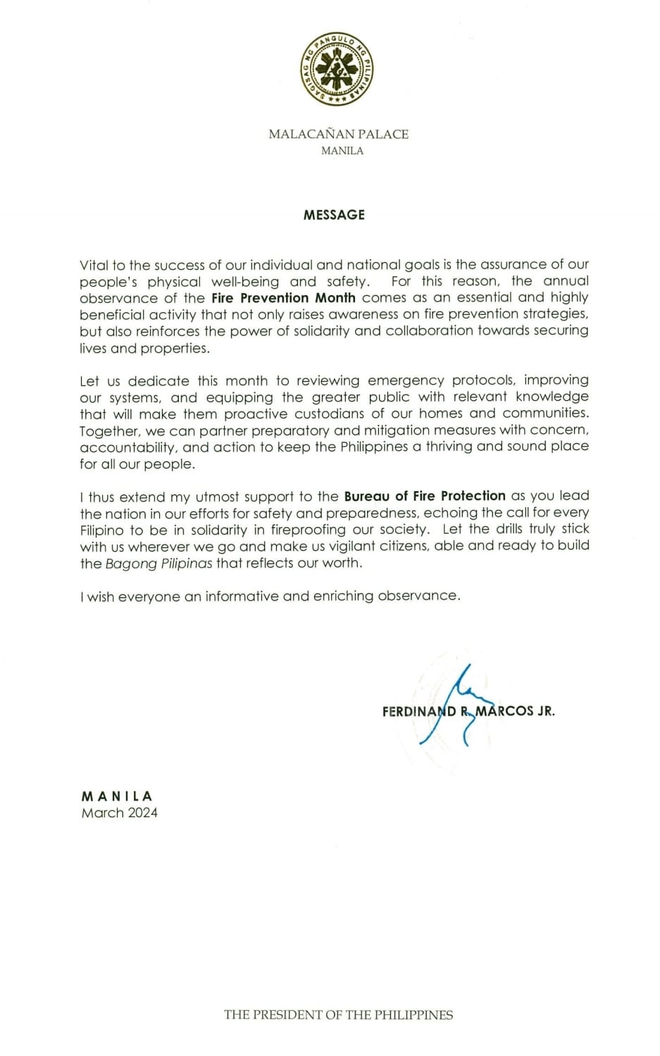 President Ferdinand R Marcos Bureau Of Fire Protection Facebook