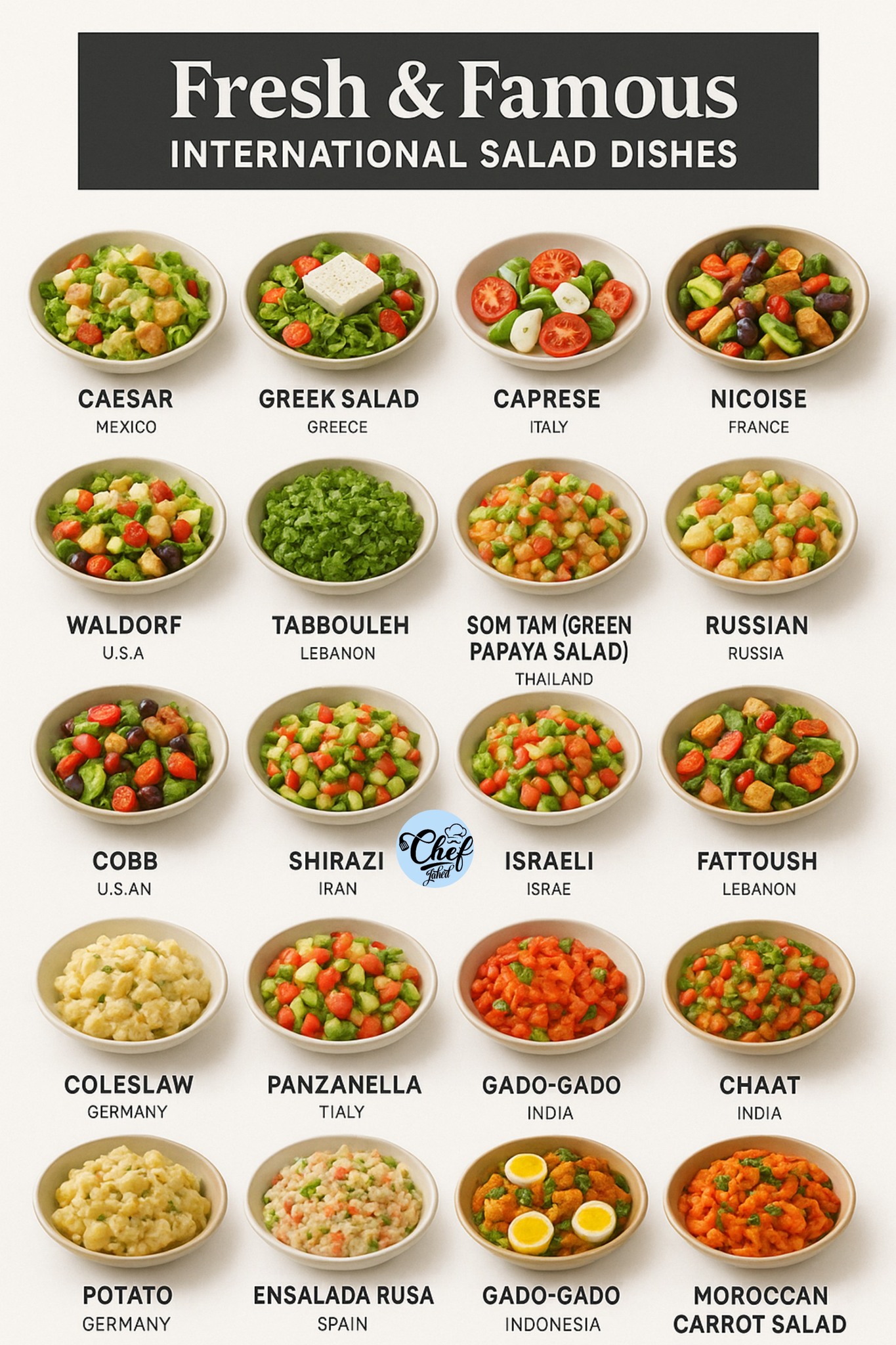 Chef - Fresh & Famous INTERNATIONAL SALAD DISHES Caesar - Mexico Greek ...