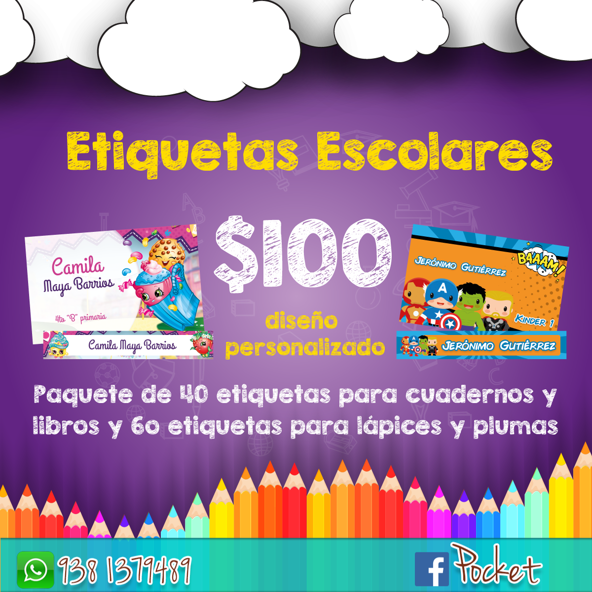Pocket - *ETIQUETAS ESCOLARES* $100 -40 etiquetas de 8x5...