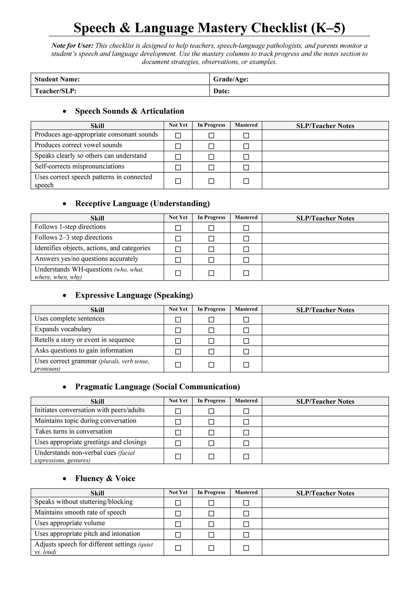 Special Education Community | This Speech & Language Mastery Checklist ...