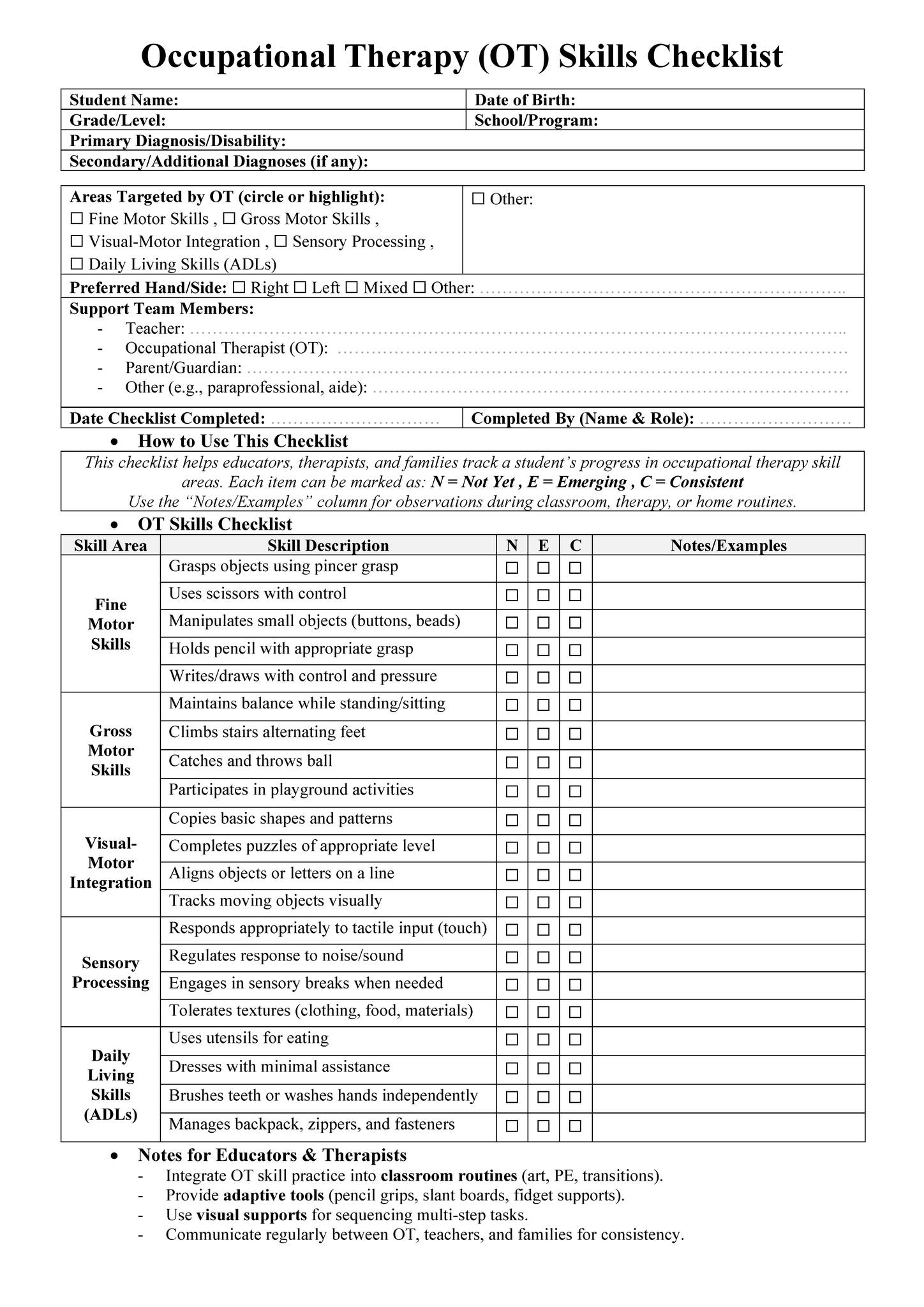 IEP - This Occupational Therapy Skills Checklist is a practical and ...