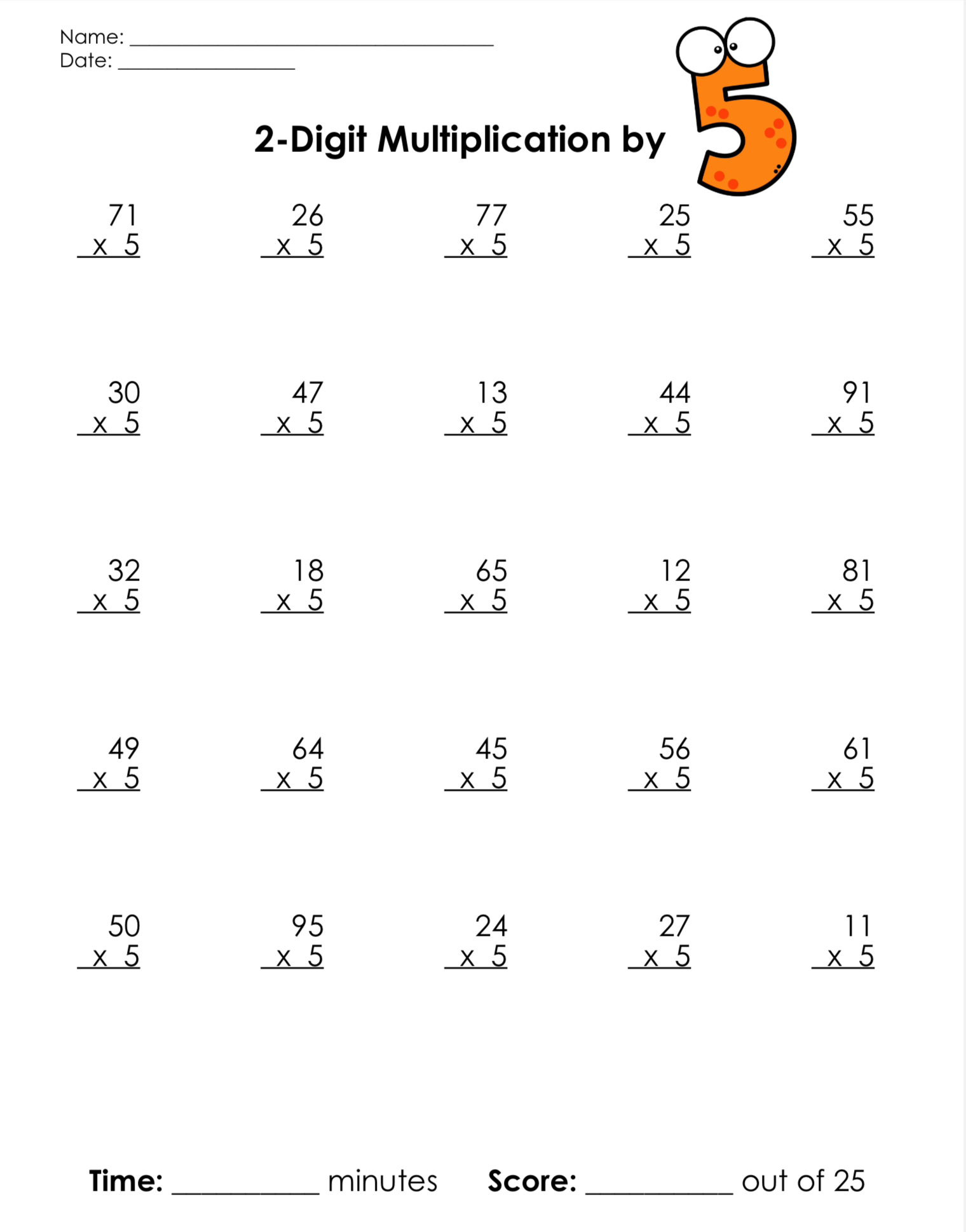 Learn - ️ 2-Digit Multiplication by 5 ️ A quick and effective worksheet ...