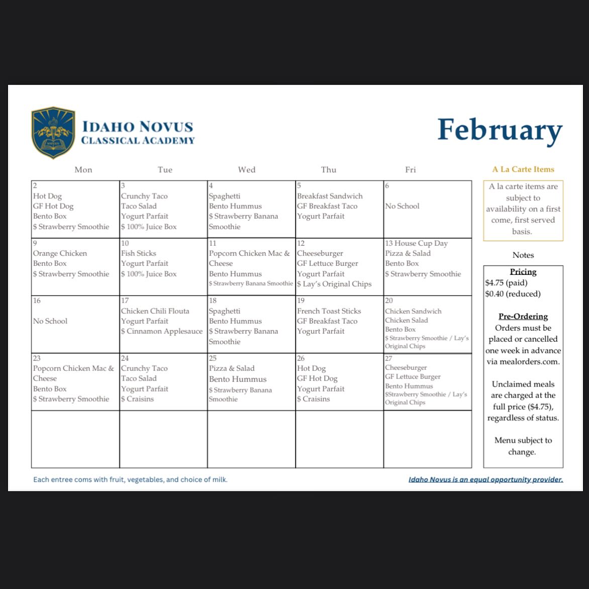 Idaho - Our student lunch menu for February has been posted on our ...
