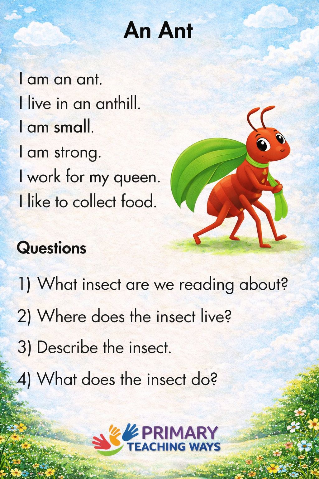 Reading Passage - An Ant !!!!! - Primary Teaching Ways | Facebook
